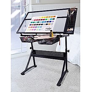 EESHHA Drawing Table Adjustable Glass Drafting Table,Versatile Art Study Table,with Storage Drawers,Art Studio Design Sketching Painting Work Station