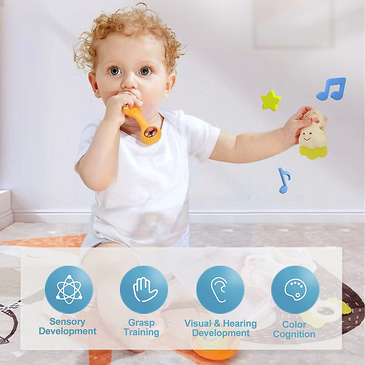 Baby Rattle Teething Toys for Babies 0-6-12 Months 10Pcs, Early Educational Infant Toys Gift Set for Boy Girl 3-6 Months, Newborn Sensory Toys Teether, Grab Shaker, Tummy Time Rattle with Storage Box