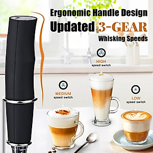 Nahida Black Milk Frother Wand for Coffee, Frother Handheld with Stand Rechargeable Electric Whisk with 3 Heads 3 Speeds Drink Mixer Coffee Frother Foam Maker For Latte, Cappuccino, Hot Chocolate, Egg