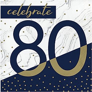 Creative Converting Navy and Gold 80th Birthday Napkins, 6.5"