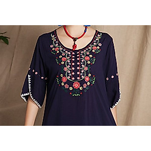 Ashir Aley Bell Sleeve Womens Girls Embroidered Cotton Peasant Tops Mexican Bohemian Shirts Blouses (L,Navy Blue)