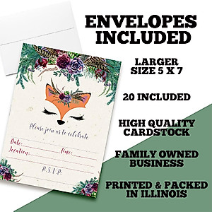 Woodland Forest Fox Face Floral With Greenery Birthday Party Invitations, 20 5x7 Fill In Cards with Twenty White Envelopes by AmandaCreation