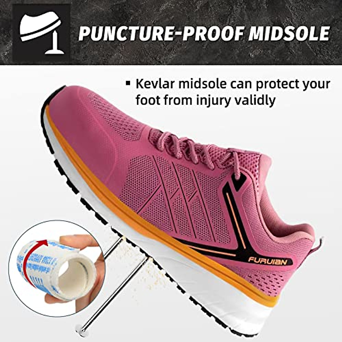 Furuian Steel Toe Shoes for Women Lightweight Safety Indestructible Sneakers Slip Resistant Work Utility Shoes Pink