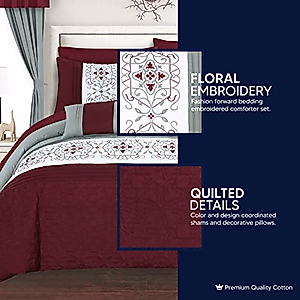 Chic Home BCS06738-AN Emily 20 Piece Comforter Set Color Block Floral Embroidered Bag Bedding, King, Burgundy