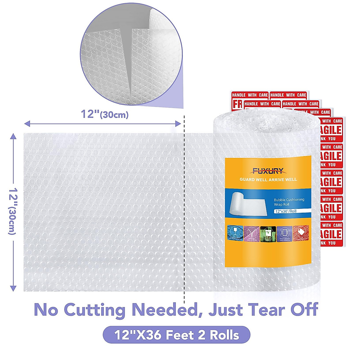 2-Pack Bubble Cushion Wrap Roll, Fuxury 12 Inch x 72 Feet Total Air Bubble Cushioning Wrap, Perforated Every 12", Included 20 Fragile Sticker Labels for Packaging Moving Shipping Boxes Supplies