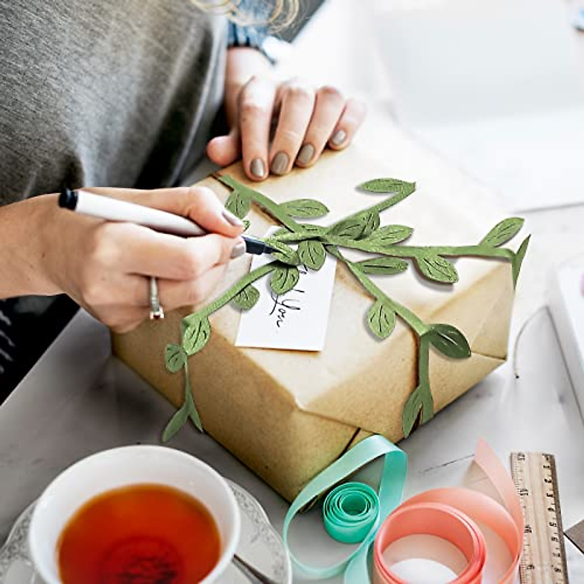 Hecaty 66 ft Large Leaf Ribbon, Artificial Eucalyptus Garland Rattan Leaf String, Decorative Jungle Plant Green, Suitable for Baby Shower Home Wedding Party Balloon Garland DIY Craft