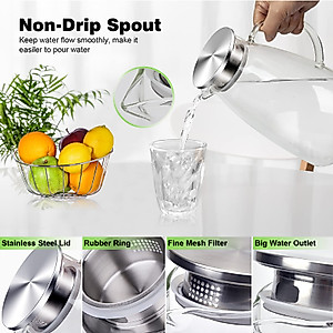 Glass Pitcher with Lid 68oz Water Jug Pitcher Stainless Steel Iced Tea Carafe Pitcher Drip-Free Heat Resistant Borosilicate Glass for Juice Milk Coffee Wine Cold & Hot Beverage with Beverage Stirrer