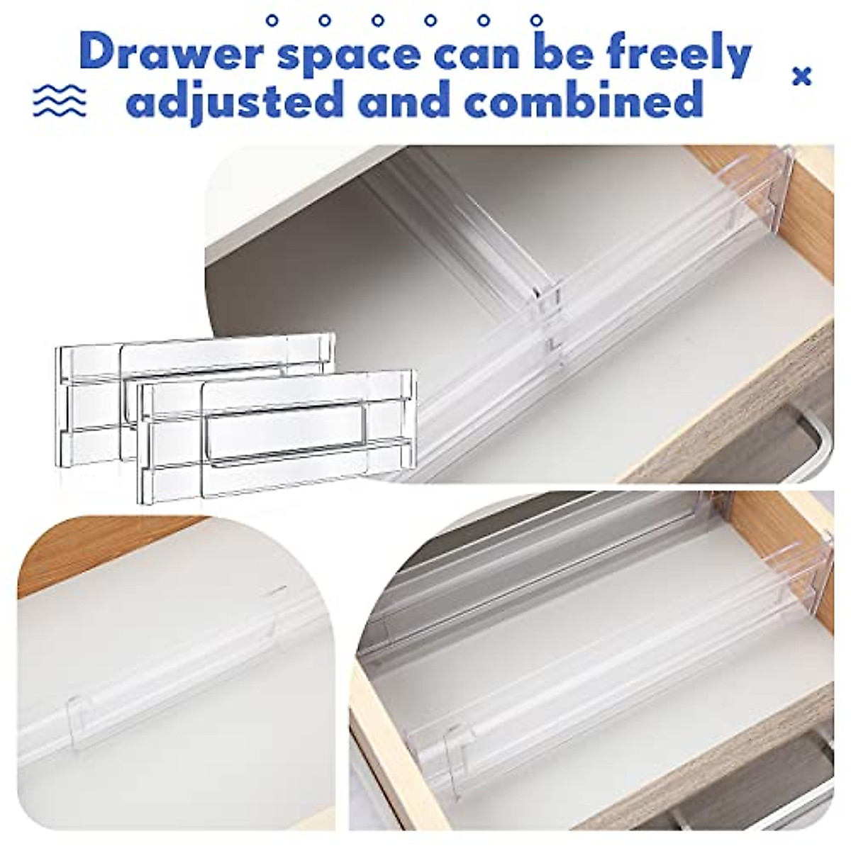 6 Pack Adjustable Drawer Dividers Organizers 3.2" High Expandable 11-20.6" Kitchen Organizer Dresser Drawer Organizer Clear Plastic Drawers Separators for Clothing Kitchen Utensils and Office Storage
