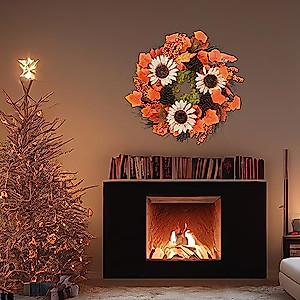 Fall Wreath for Front Door - 20" Autumn Maples Leaf Pumpkin Sunflower Wreath - Thanksgiving Halloween Harvest Home Outdoor Indoor Window Wall Fall Decorations