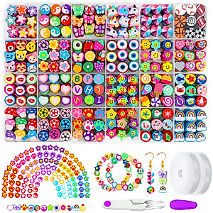 JOICEE 480PCS Fruit Flower Polymer Clay Beads, 24 Style Cute Smiley Heart Mushroom Clay Beads Charms for Jewelry Necklace Earring Making, DIY Bracelet Making Kit Accessories for Women Girls