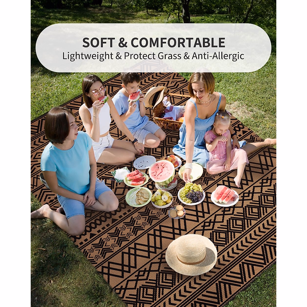 MontVoo-Outdoor Rug Carpet Waterproof 5x8 ft Reversible Patio Rug RV Camping Rug-Plastic Straw Rug Outside Indoor Outdoor Area Rug for Patio Deck Balcony Picnic Beach Outdoor Decor Boho Black Brown
