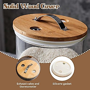 Rice Oatmeal Dispenser Storage Container - Flour and Cereal Glass Food Storge Container with Airtight Lid Wooden Stand & Measuring Cup for Kitchen Organization (5L)