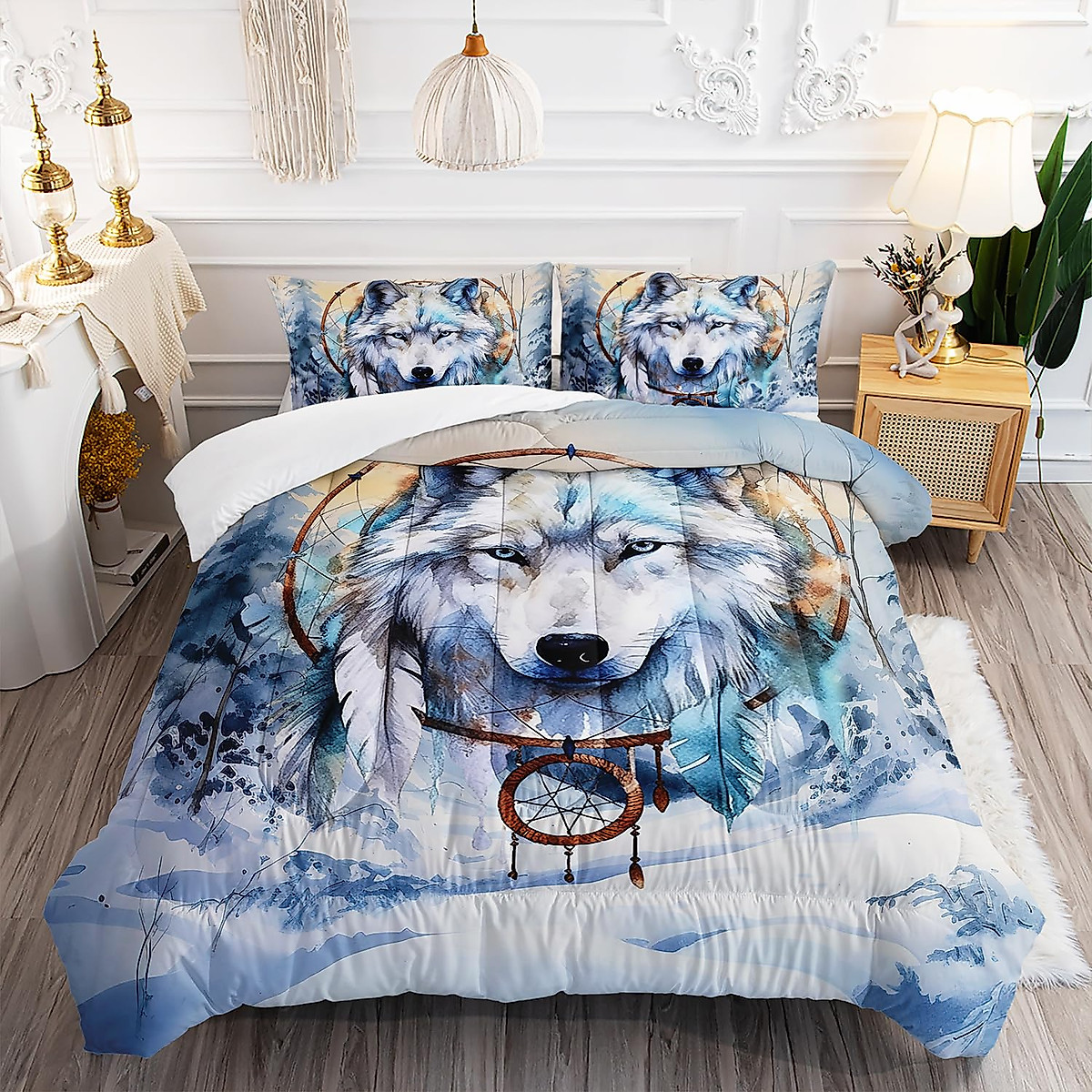 AILONEN Wolf Comforter Set - Full Size, Snow Wolf Bedding Set, Dream Catcher Comforter, Wild Animal Duvet - 3 Pieces, 1 Quilt and 2 Pillowcases