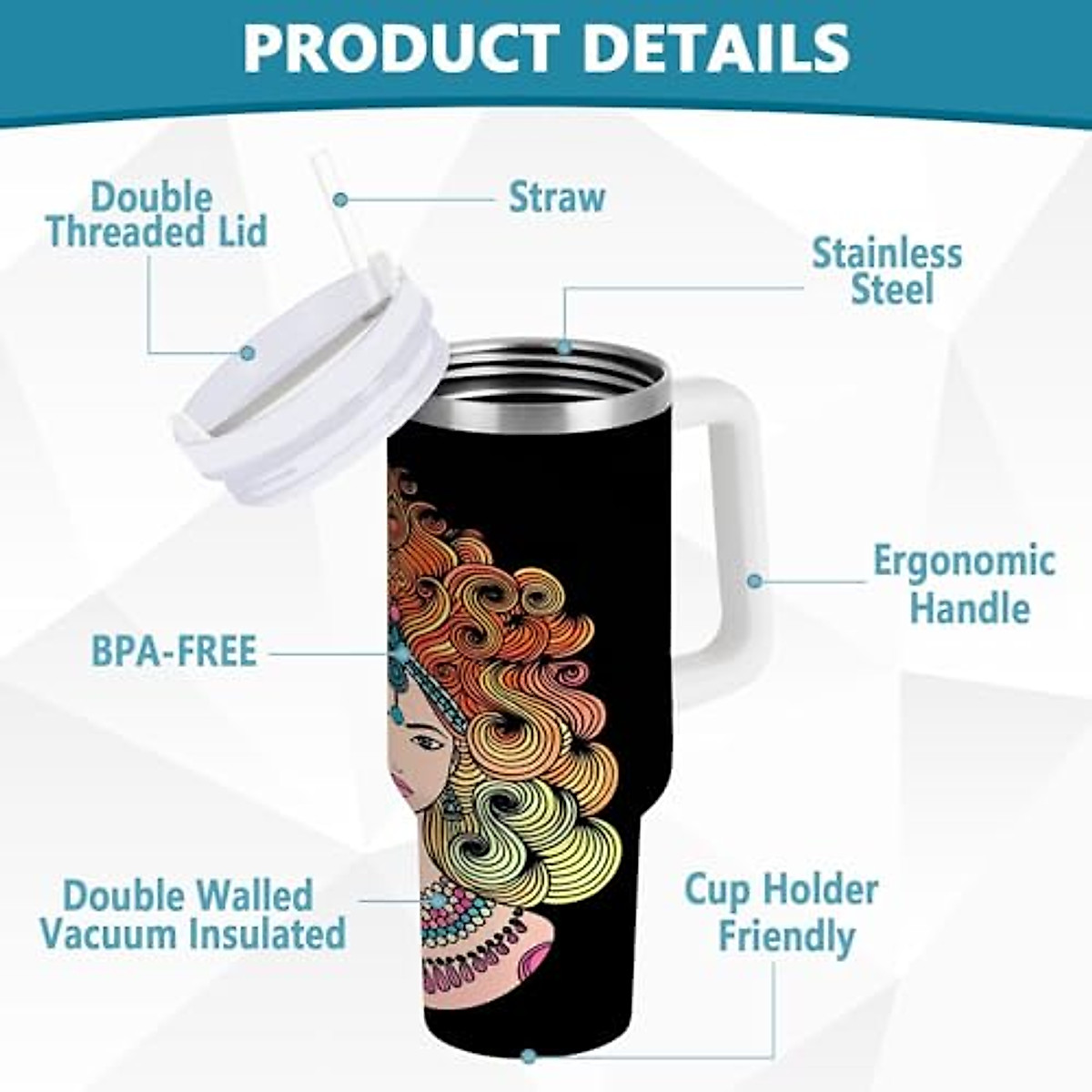 RPLIFE Intricate Hairstyles Black 40 Oz Tumbler with Handle, Stainless Steel Tumbler with Straw, Coffee Tumbler for Women