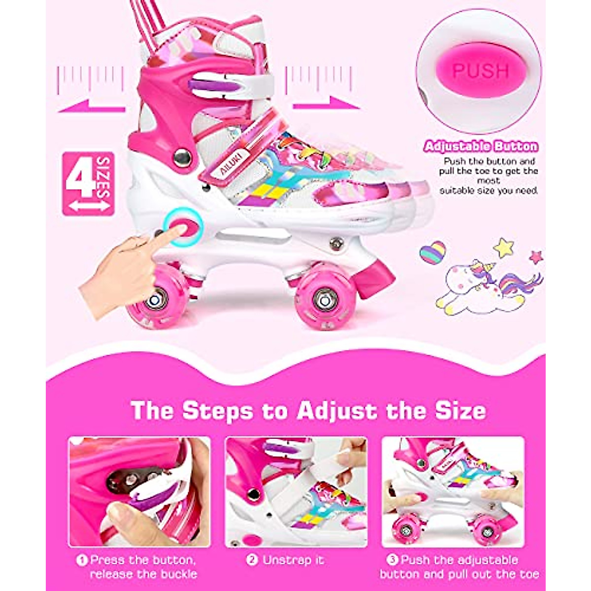 Roller Skates for Girls and Boys,4 Size Adjustable Kids Toddler Roller Skates with Light up Wheels for Toddlers Children Outdoor Indoor Medium(13C-3Y)