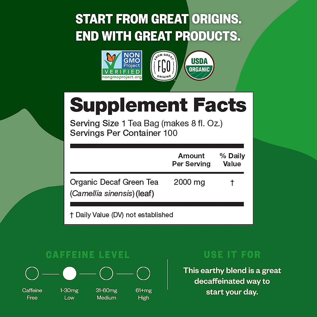 FGO Organic Green Tea (Decaf). Eco-Conscious Tea Bags, 100 Count, Packaging May Vary (Pack of 1)