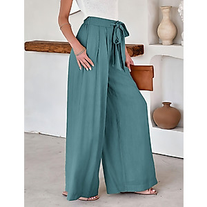 MUSIDORA Wide Leg Pants for Women High Waisted Drawstring Linen Travel Beach Pants Loose Flowy Slacks Trousers Stretchy Petite (Peacock Blue L)