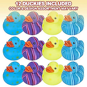 ArtCreativity Multicolored Pattern Rubber Duckies for Kids, Pack of 12 Cute Duck Bath Tub Pool Toys, Fun Carnival Supplies, Birthday Party Favors for Boys and Girls