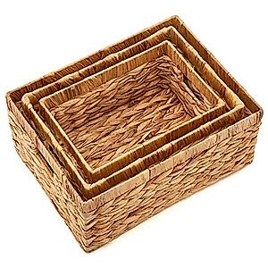 EZOWare Set of 3 Natural Water Hyacinth Wicker Baskets, Environmental Friendly Natural Storage Organizer Nesting Boxes with Handle - Mixed Size (1 Large, 1 Medium, 1 Small)