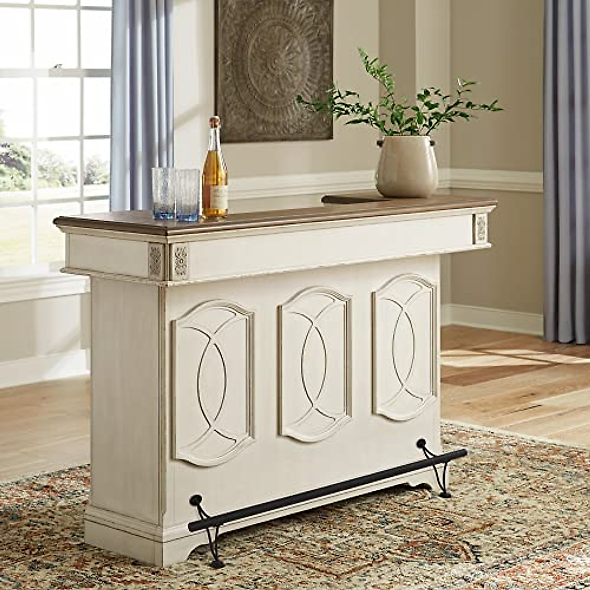 Signature Design by Ashley Realyn French Country Bar with Metal Footrest, White & Beige