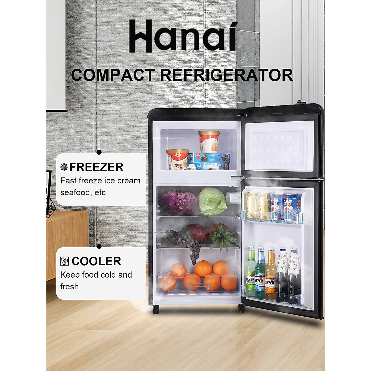 WANAI Compact Refrigerator 3.5 Cu.Ft Retro Black Fridge With Freezer 2 Door Mini Refrigerator with 7 TEMP Modes, LED Lights, Removable Shelves, Ideal for Apartment Dorm and Office, Black