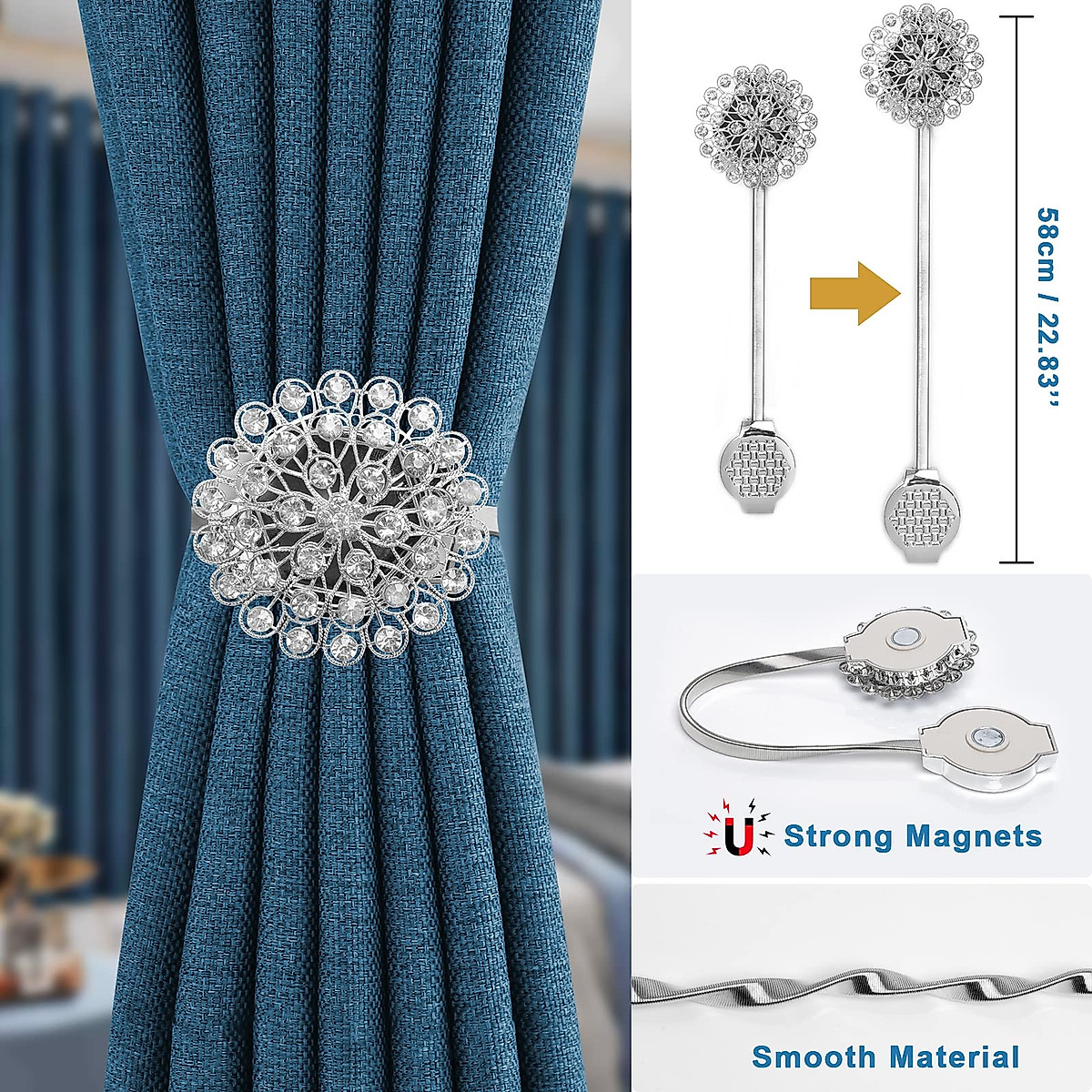 MYDAYTIN Silver Crystal Decor Curtain Tiebacks Magnetic Curtain Tieback, Crystal Flower Curtain Tiebacks with High Stretchy Wire Rope, Flower Curtain Buckle for Home, Office, Window Decoration