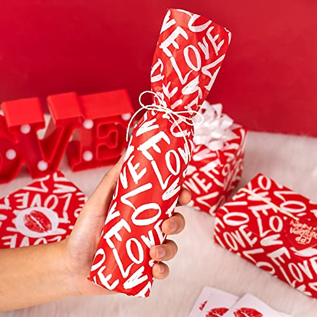 LeZakaa 60 Sheets Tissue Paper Bulk & 30 Pcs Lip Print Gift Sticker -"Love" Lettering Design for Valentine's Day (13.8 inch x 19.7 inch)