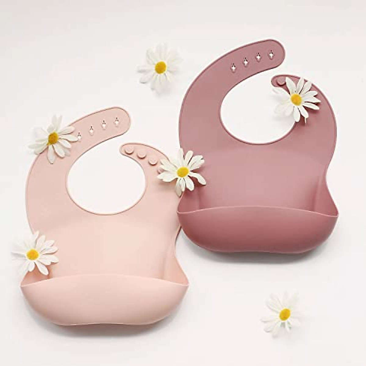 Ginbear Silicone Bibs for Babies Girl, Waterproof Baby Feeding Bibs with Food Catcher Pocket, Adjustable Silicon Bibs for Toddlers (Mauve/Baby Pink)