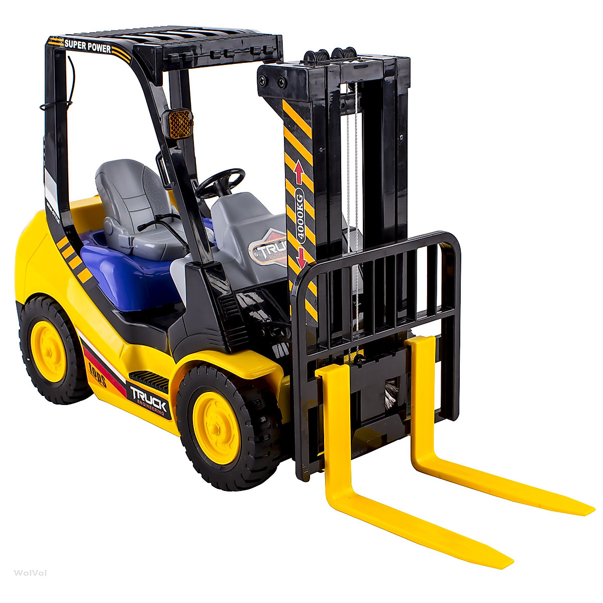 WolVolk 6-Channel Electric Remote Control Forklift - Functional RC Lighted Fork Lift Toy w/Pallet, Barrel, Rechargeable Batteries & Charger - Pretend Construction Playset for Kids