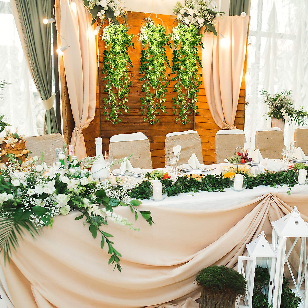 Mudder Fake Ivy Vines with Lights, LED Artificial Hanging Green Leaves Vines for Outdoors Patio Porch Decor (Basket Not Included) (Ivy Style, 3 Packs)