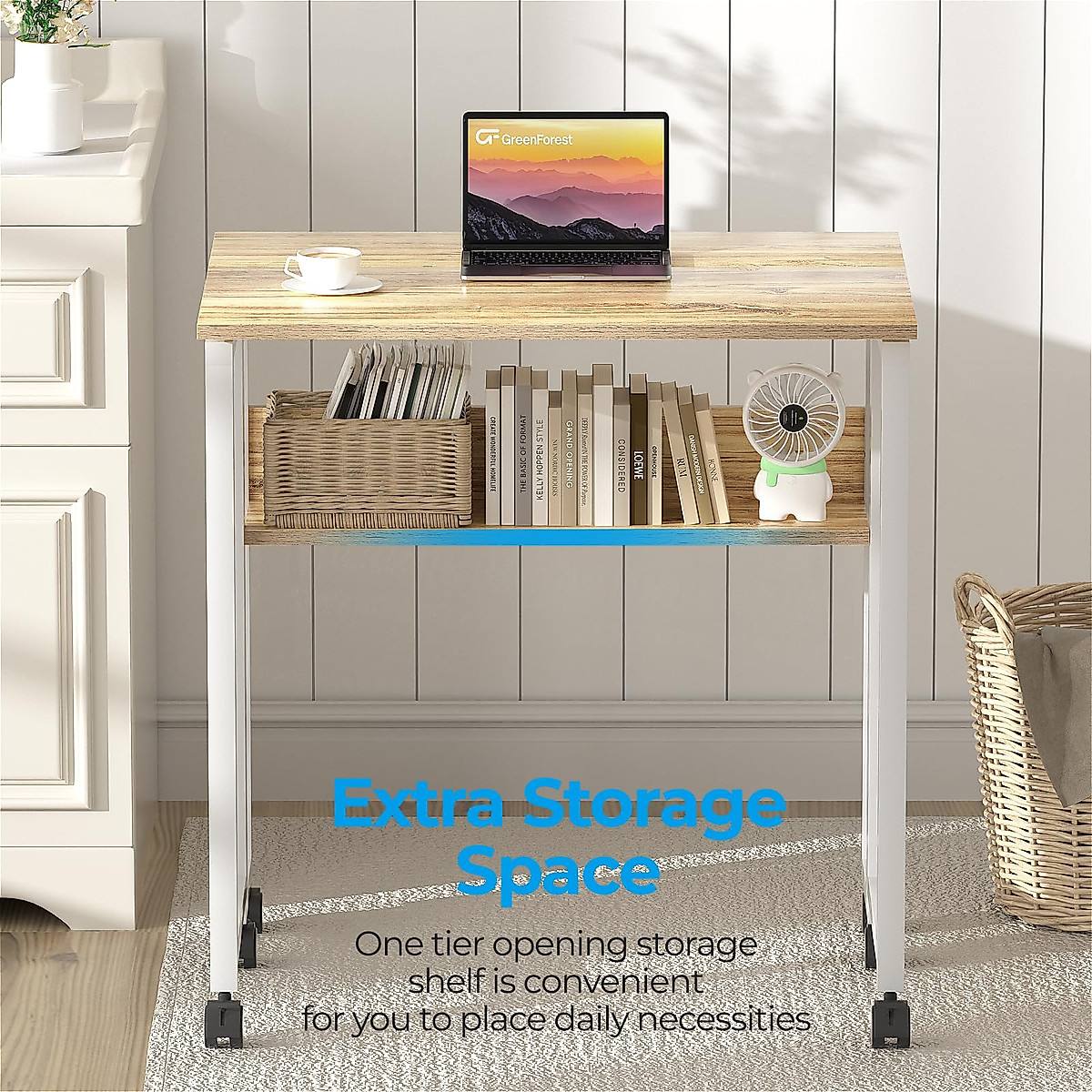 GreenForest Folding Desk Small Rolling Desk with Storage Shelf,24.8 inch Foldable Computer Desk with Wheels for Small Space,Easy Assembly,Oak