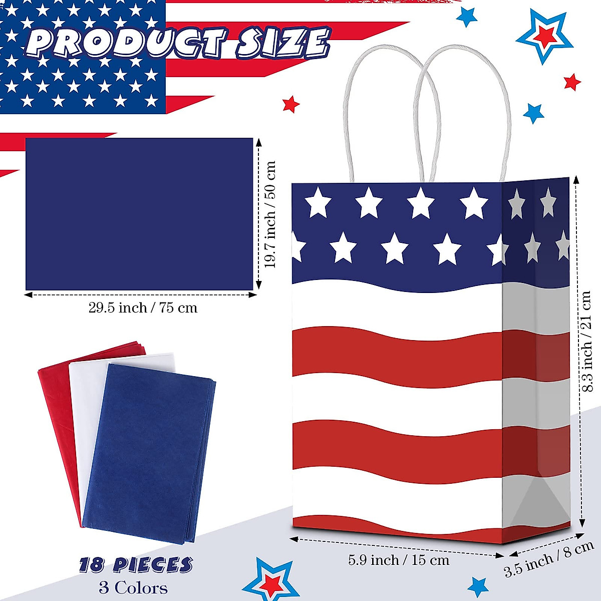 16 Pieces Patriotic Gift Bags with Handle with 18 Pcs Tissue Paper 4th of July Gift Bags American Flag USA Gift Bags for Veterans Day Memorial Day Independence Day Party (Cute Style)