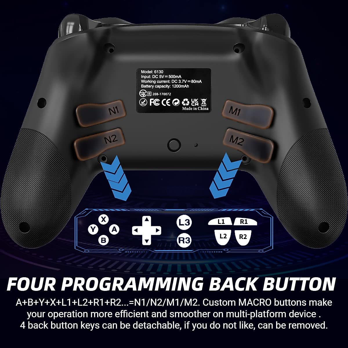 arVin Wireless Gaming Controller for iPhone/iOS/Android/PC/Steam/Switch Controllers Bluetooth Gamepad Joystick with 4 Back Button/Turbo/6-Axis Gyro/Dual Motors/RGB Light/Phone Holder/1200mAh Battery