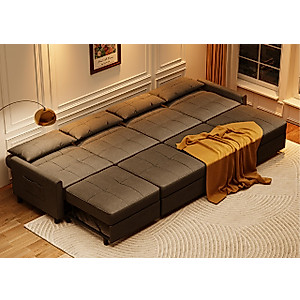 Aiho Pull Out Couch - 4-Seater Sectional Sleeper Sofa, Convertible with Adjustable Backrest & Spring Support for Living Room, Dark Grey