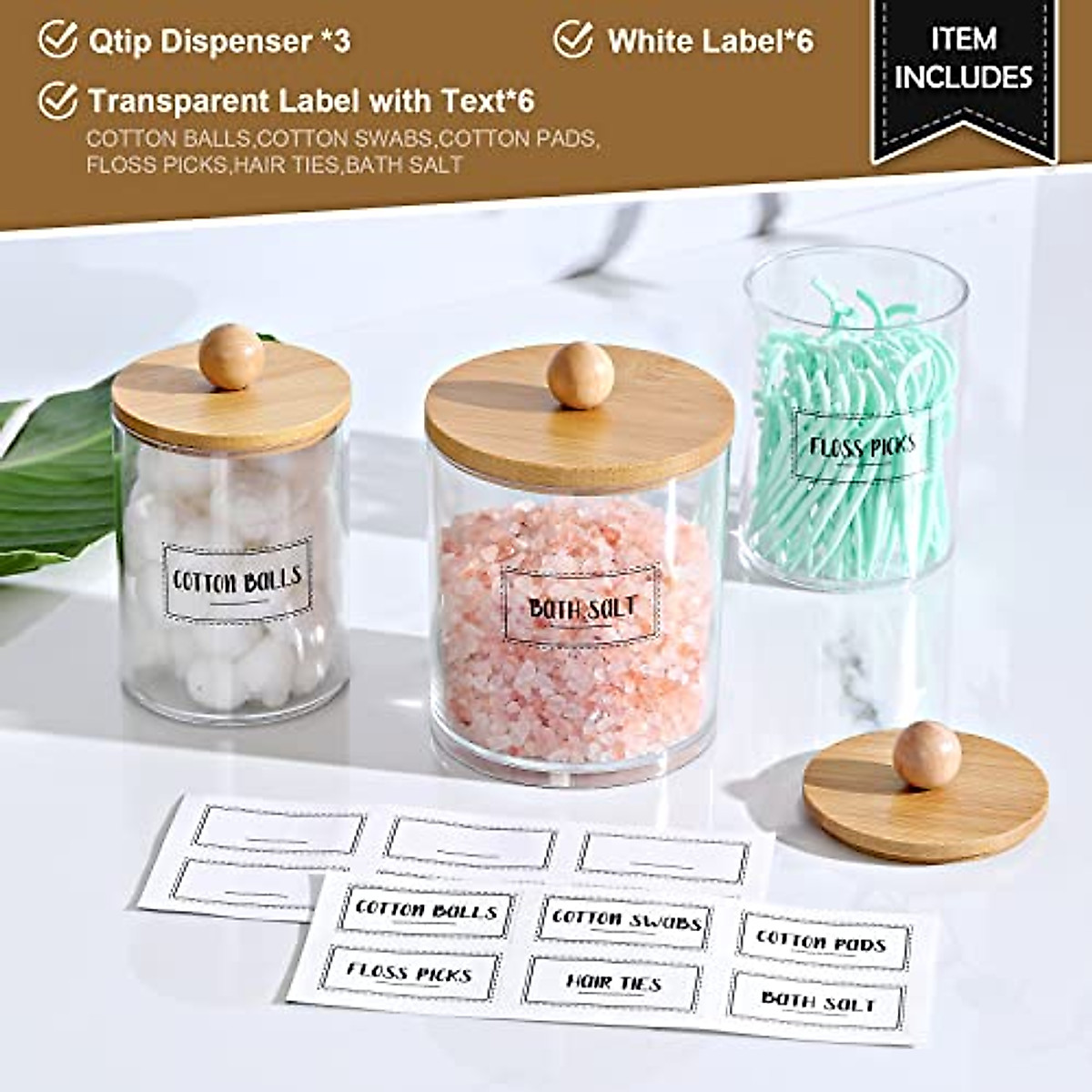 VITEVER 3 Pack Qtip Holder Dispenser with Bamboo Lids - Apothecary Jar Containers for Vanity Organizer Storage - Bathroom Accessories Set for Cotton Swab, Ball, Pads, Floss