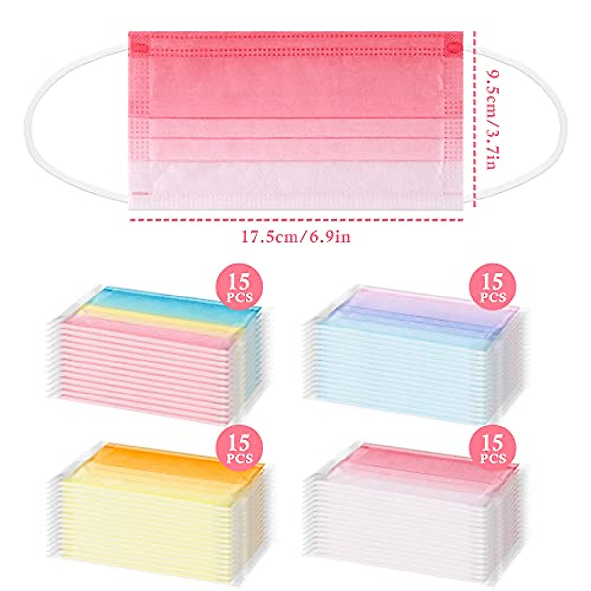 NiHealth 60PCS Adult Disposable Face Mask Pack, Rainbow Pattern with 4 Designs, Individually Wrapped, 3-Layer Comfortable and Breathable Non-Woven Fabric Coverings (Mixed Macaron Gradient Colors)