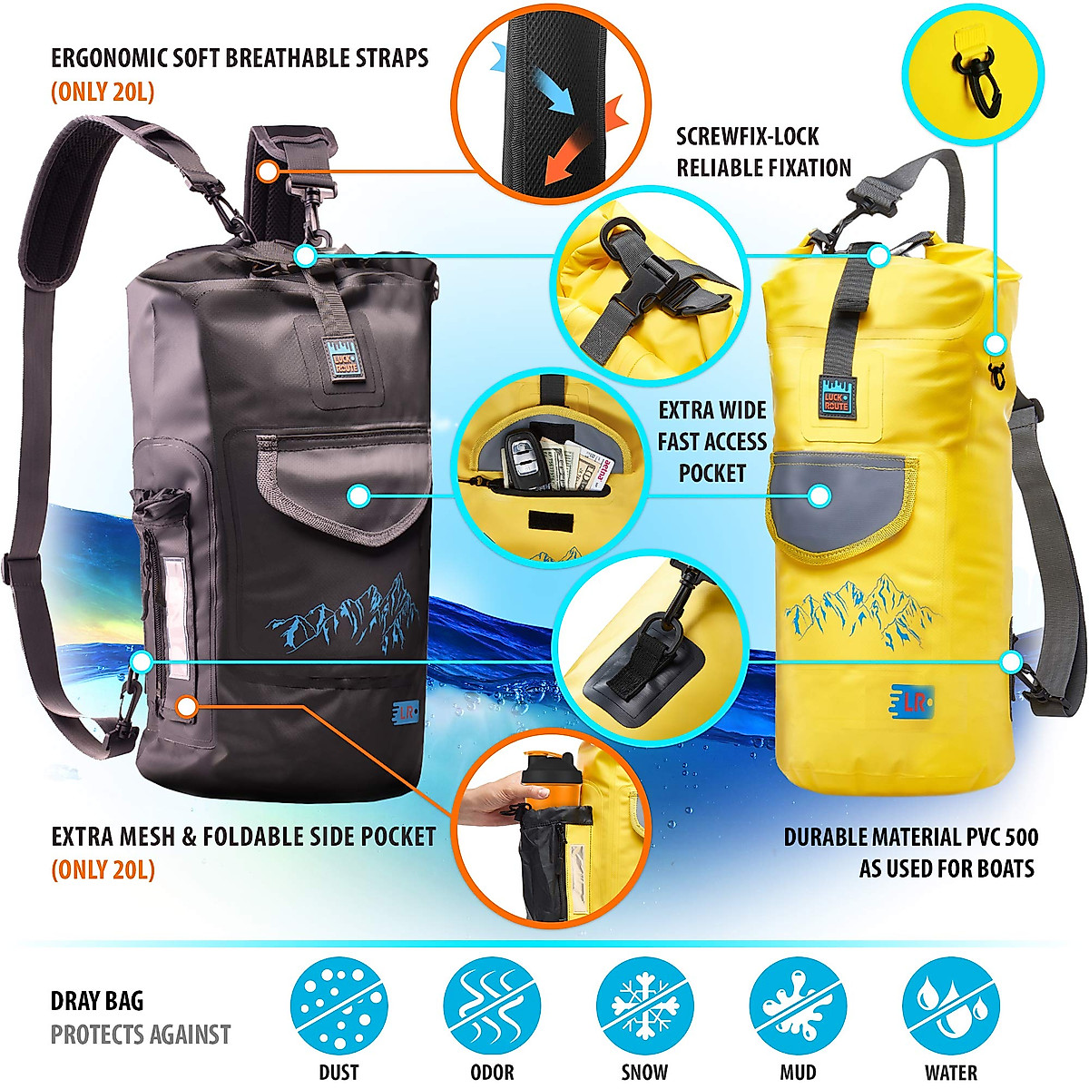 Luck route Dry Bags Waterproof (20L - Black) - Dry Bags for Kayaking Waterproof - Dry Sack Water Bag - Water Proof Bag - Waterproof Bags For Boating - Waterproof Backpacks - Waterproof Floating Bag