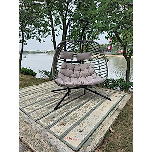 IRONKOM 2 Person Wicker Double Swing Chair with Cushion Grey