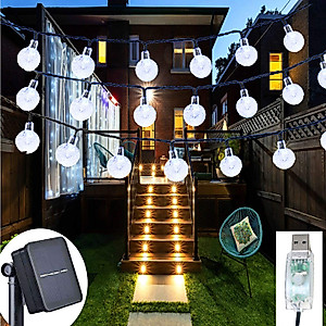 Sakruda Solar String Lights 60LEDS 37FT,Solar or USB Powered,Waterproof Crystal Balls with 8 Lighting Modes,Outdoor Garden Fairy Light for Patio Lawn,Home,Wedding Party,Christmas Decoration(White)