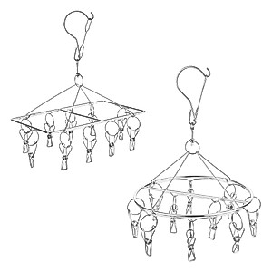 WudTus Sock Dryer with 20 Clips for Underwear Lingerie Baby Clothes and Small Laundry Items, Stainless Steel Rotatable Drying Rack,10 Peg, 1 Pack Round & 1 Pack Rectangle