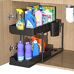 Vantency TANVENCY Double Sliding Cabinet Organizer, Pull Out Bathroom Shelf Organizer Rack With 2 Drawers, 2 Tier Under Sink Organizers and Storage for Kitchen, Bathroom
