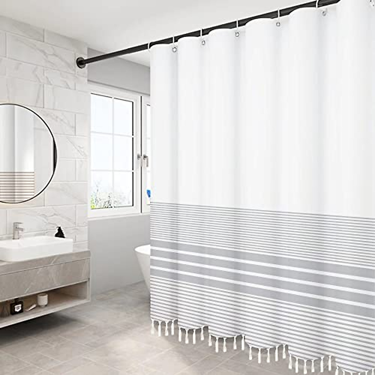 GiuMsi 72"X72" Gray and White Stripe Shower Curtain with Boho Tassel 12 Hooks for Bathroom Home Classic Farmhouse Modern Decorations Polyester Waterproof Fabric Curtains-Thickness Upgrades-170 g/m2