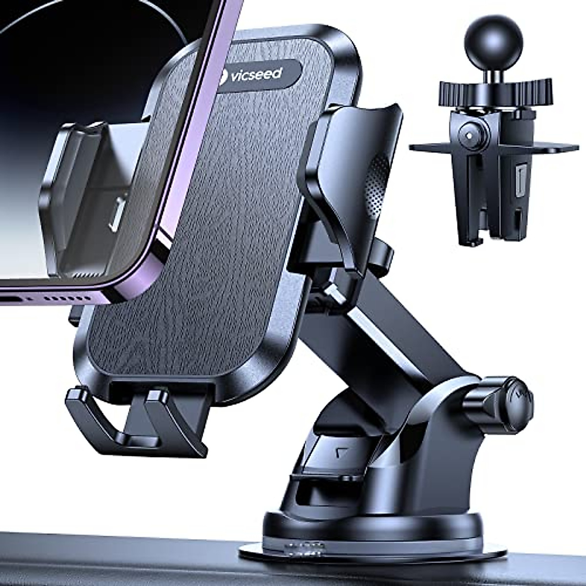 VICSEED Phone Mount for Car [Off-Road Stable][Thick Case & Big Phones Friendly] 3 in 1 Car Phone Holder Mount Suction Cell Phone Holder Car Dashboard Windshield Air Vent Car Mount for iPhone Samsung