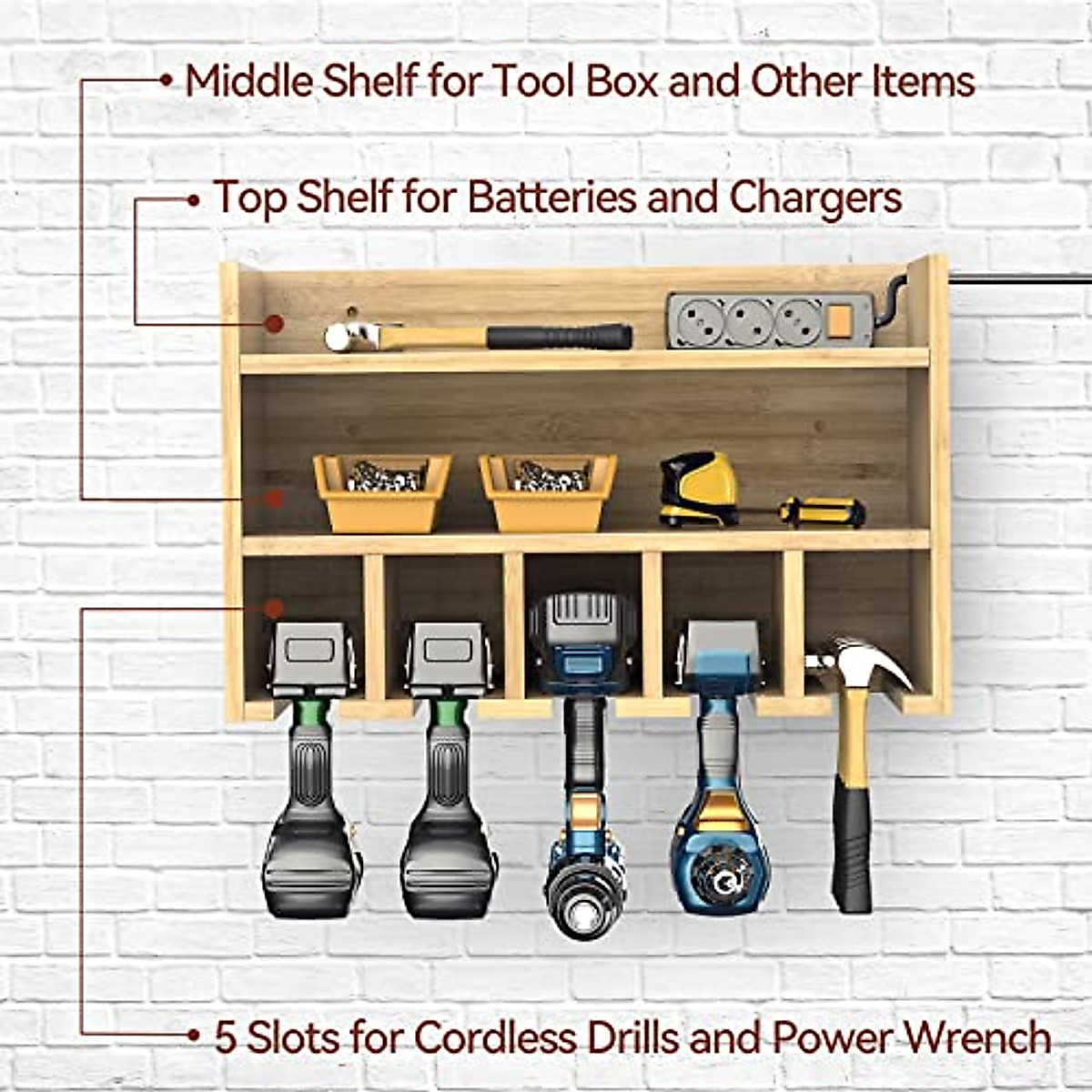 Purbambo Power Tool Organizer Wall Mounted, Bamboo Drills Shelf Rack with Charging Station and 5 Hanging Slots, Power Tools Storage Cabinet