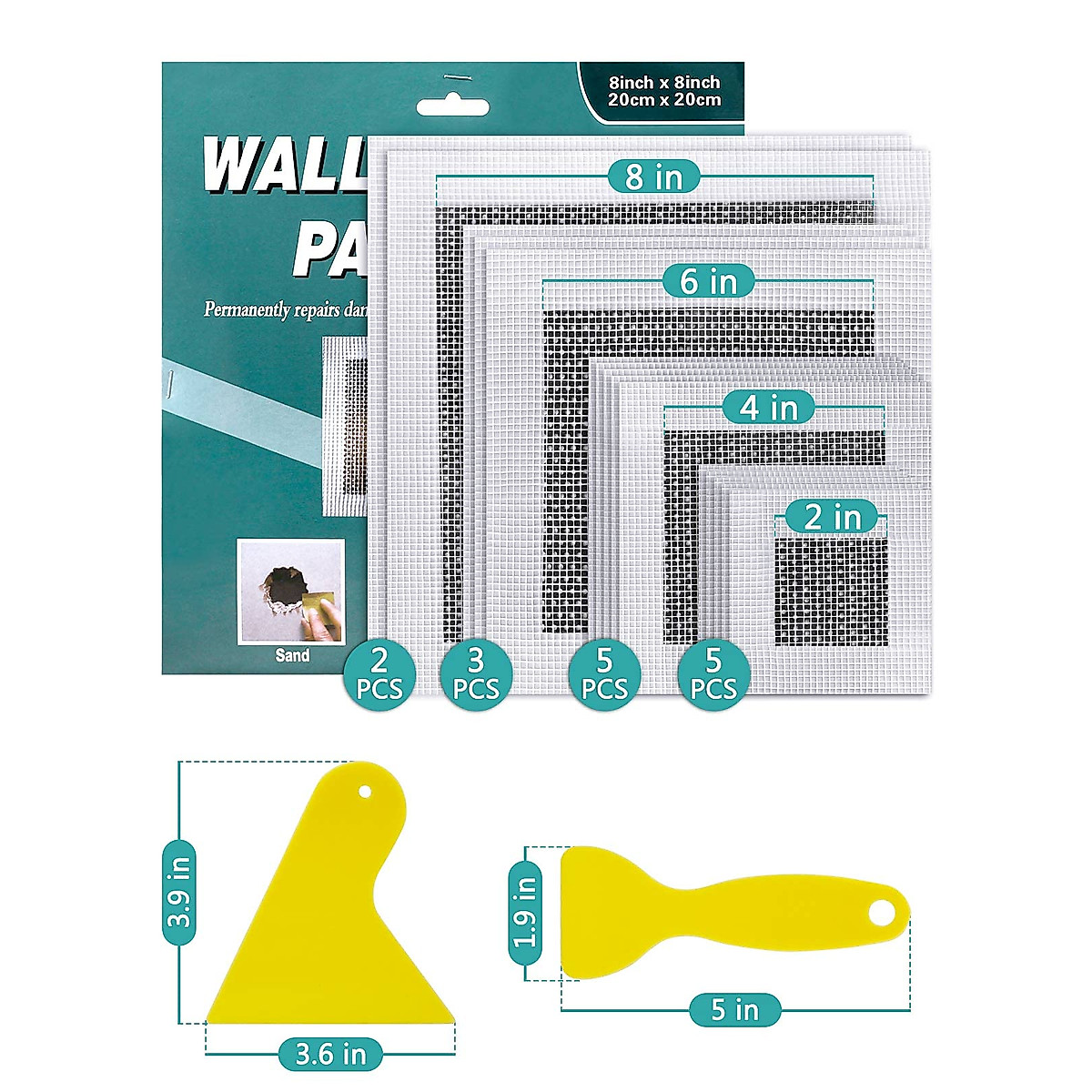 Seloom 15 Pcs Drywall Repair Kit, 2/4/6/8 Inch Self Adhesive Fiberglass Mesh Wall Repair Patches, Drywall Tools Wall Hole Quick Repair Aluminum Plate Repair Patch for Damaged Drywall Ceiling