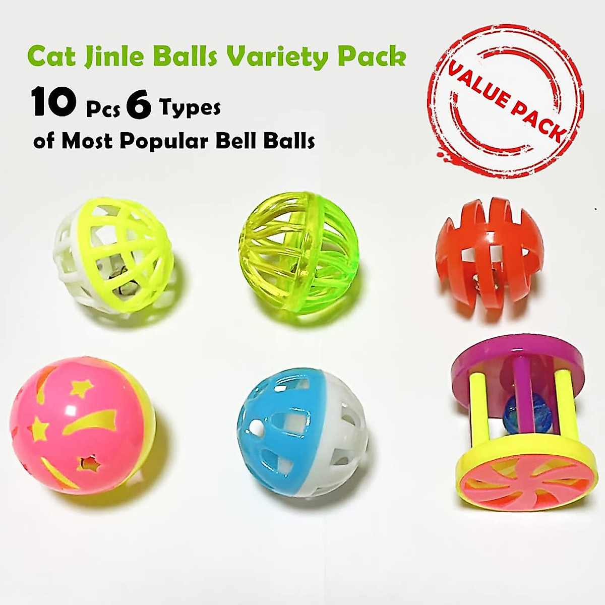 PETFAVORITES Cat Jingle Balls Toys 10Pcs 6 Styles for Indoor Cats - Plastic Lattice Cat Balls with Bells Kitten Rattle Toy, Gift Box and 1.5"