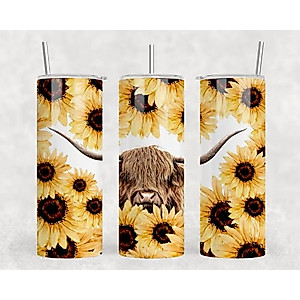 20oz Highland Cow Skinny Tumbler with Sunflower and Straight Walls. Comes with Spill Proof Lid and Metal Straw thats perfect for Travel