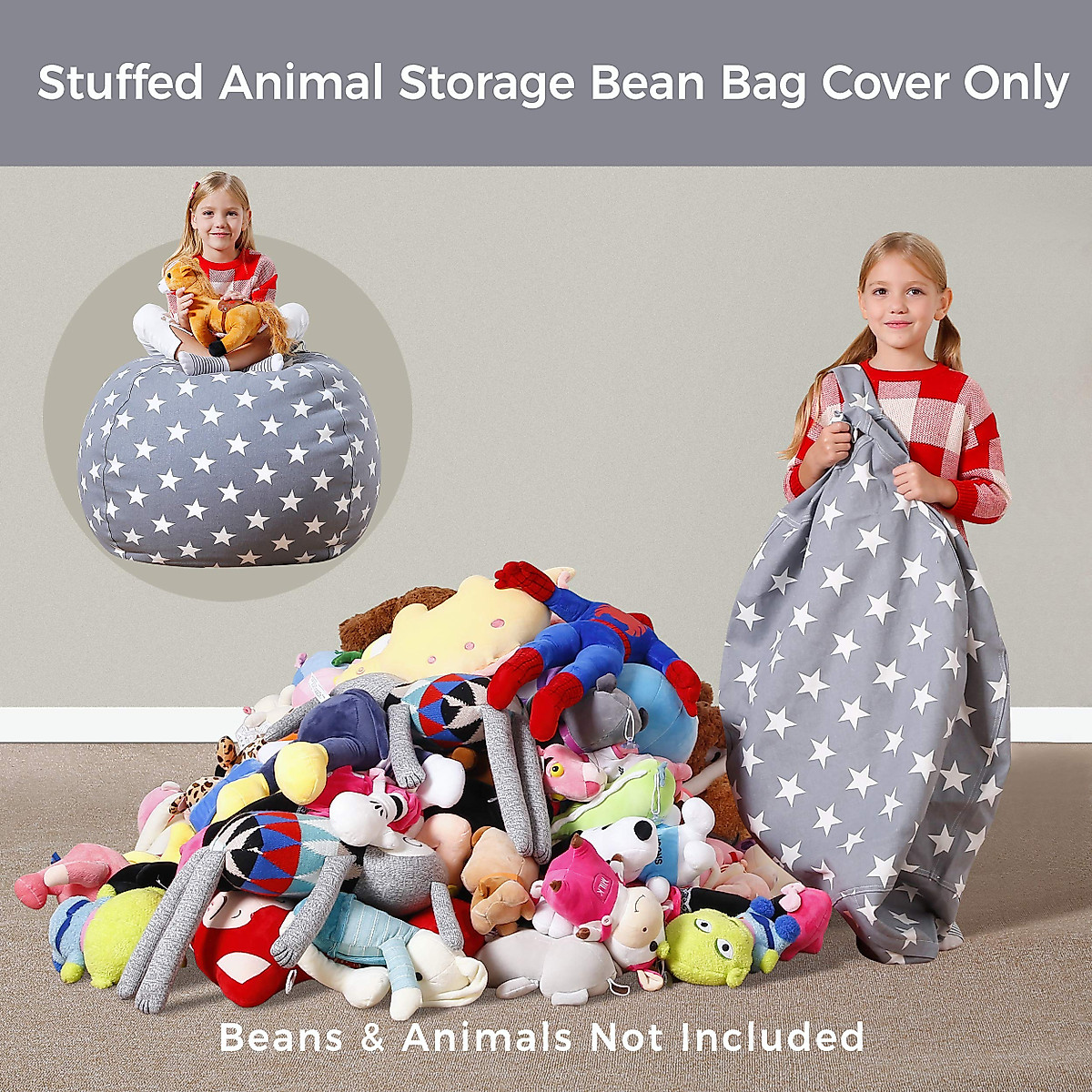 Aubliss Stuffed Animal Bean Bag Storage Chair, Beanbag Covers Only for Organizing Plush Toys, Turns into Bean Bag Seat for Kids When Filled, Medium 32"-Canvas Stars Grey