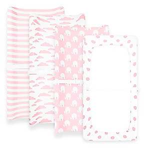 Premium Baby 4 Pack Girl Pure Jersey Machine Washable Pink and White Changing Table Cover – Diaper Changing Pad Cover Sheets