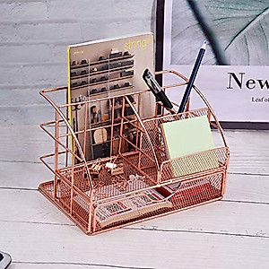 POPRUN Desk Organizers and Accessories for Women with Drawer, Cute Desk Supplies and Stationary Oganizer for Home and Office Desk Decor, Metal Mesh Desk Organization and Storage (Rose Gold)